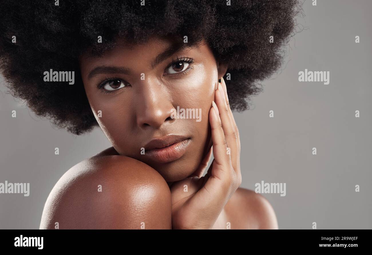 Black woman, portrait and skin, natural beauty and afro hair with glow ...