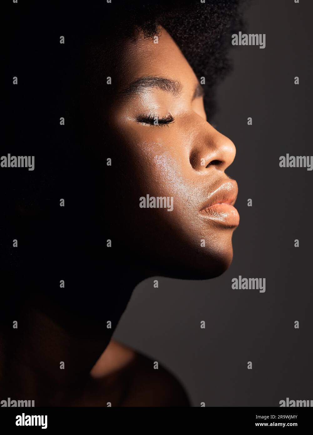 Face shadow, light and black woman with beauty, natural skincare glow ...