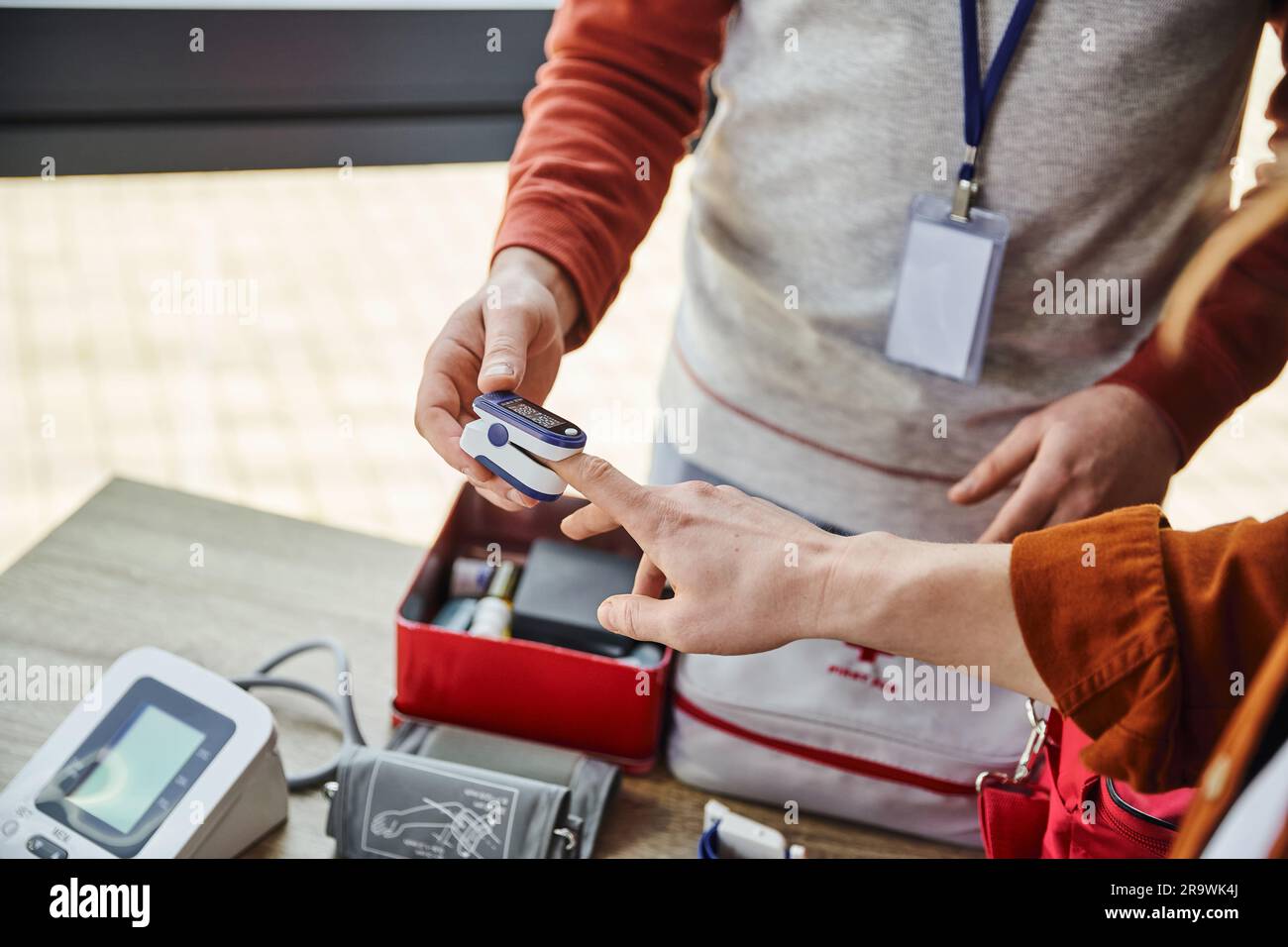 first aid training seminar, partial view of medical instructor with ...