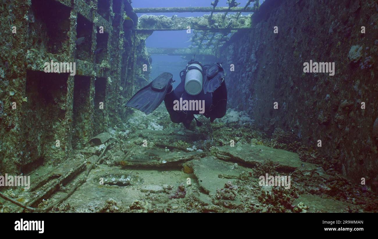Scuba diver swim down corridor of ferry Salem Express shipwreck, Red ...