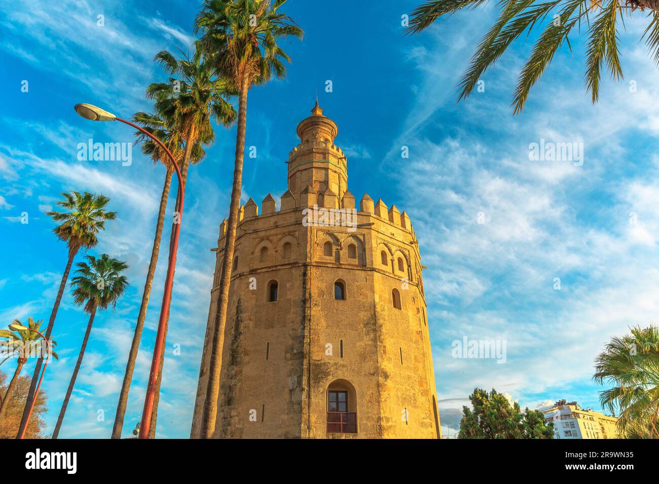 Golden tower or Torre del Oro, surrounded by palm trees, a medieval ...