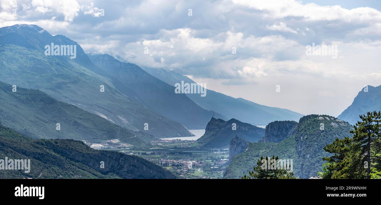 View into the Sarca Valley towards Lake Garda with rocks of Castello di ...