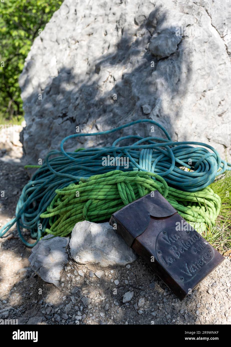 Two climbing ropes half ropes and hut book, multi-pitch climbing, Via ...
