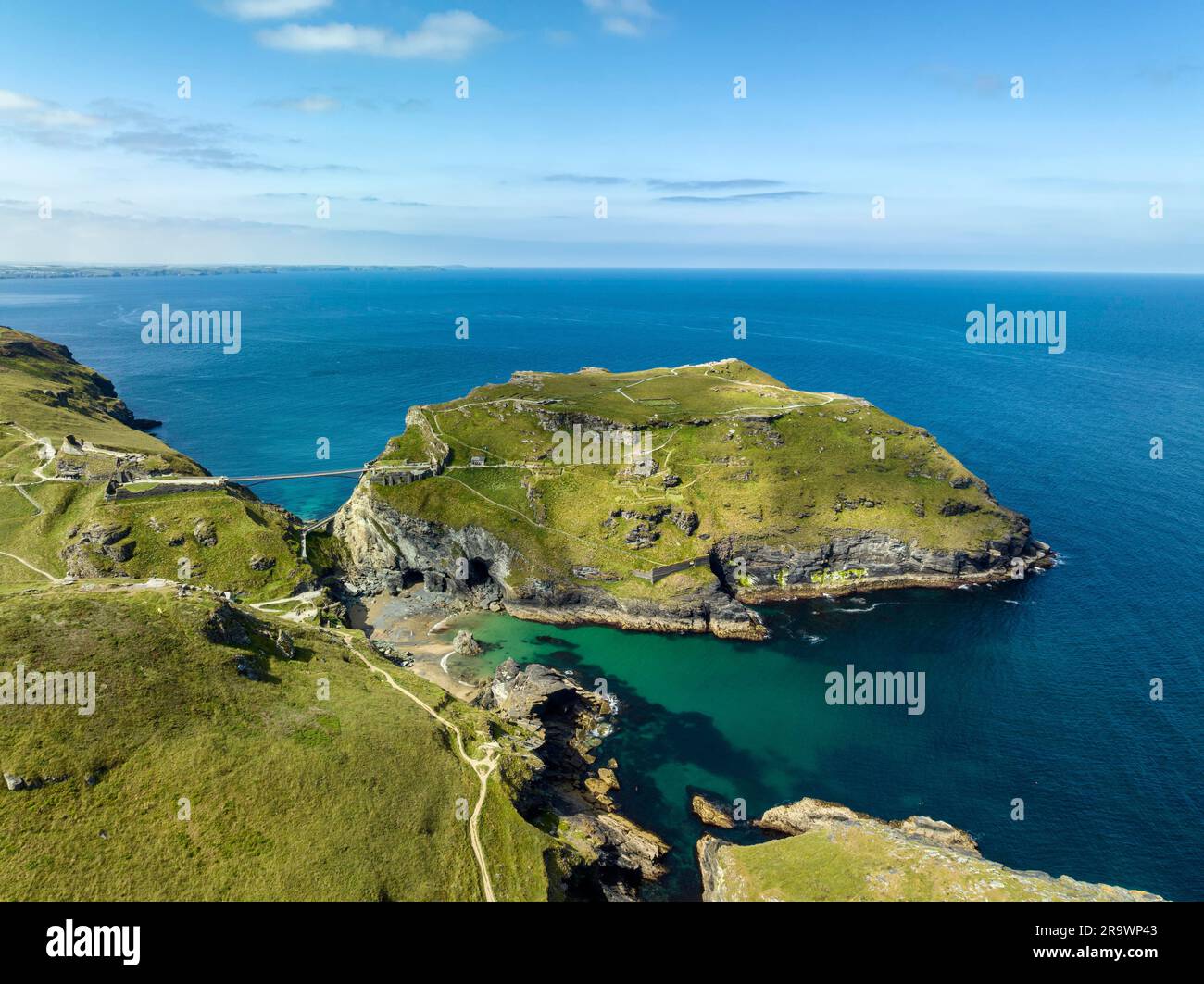 Aerial view of the rugged coastline on the Celtic Sea with the Tintagel ...