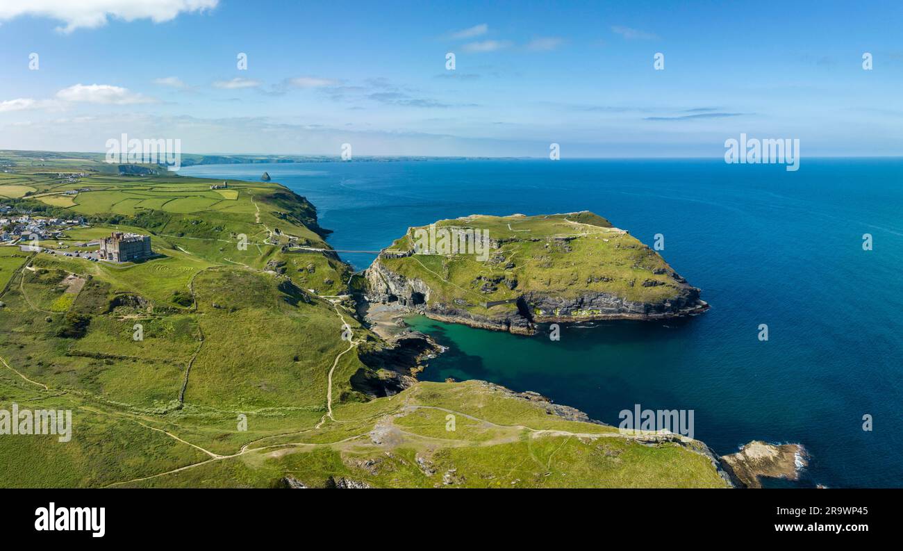 Aerial panorama of the rugged coastline on the Celtic Sea with the ...
