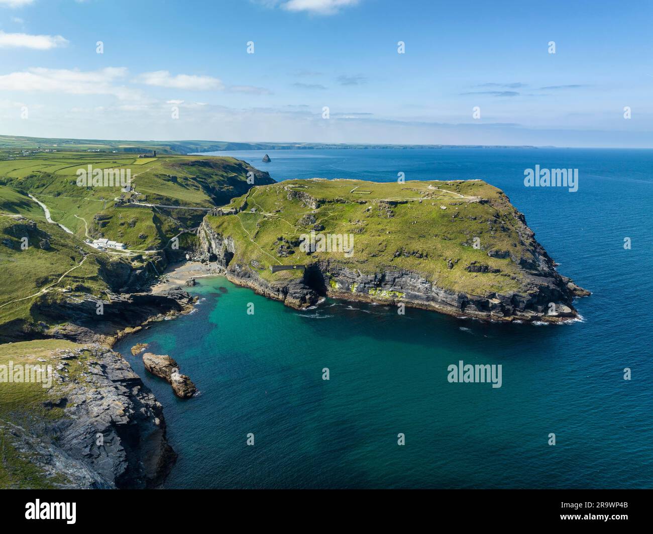 Aerial view of the rugged coastline on the Celtic Sea with the Tintagel ...