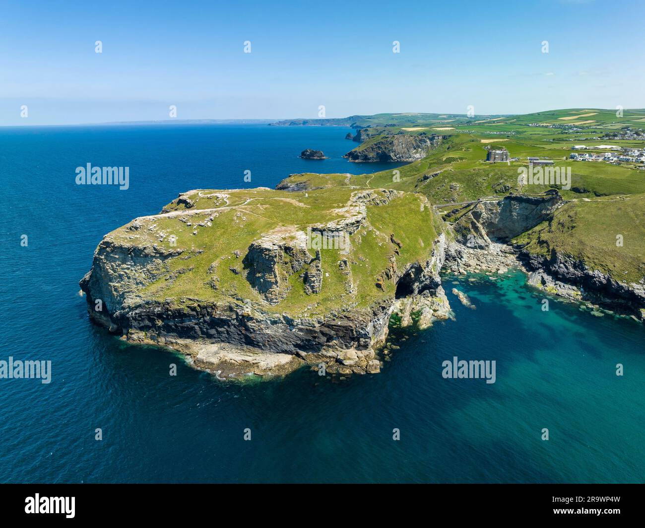Aerial view of the rugged coastline on the Celtic Sea with the Tintagel ...