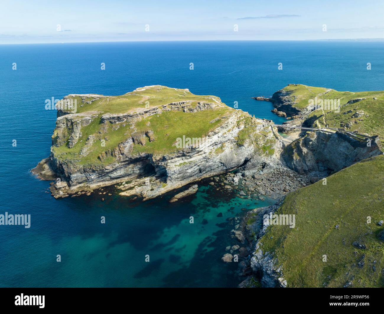 Aerial view of the rugged coastline on the Celtic Sea with the Tintagel ...
