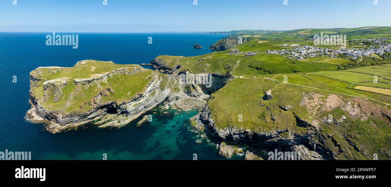 Aerial panorama of the rugged coastline on the Celtic Sea with the ...