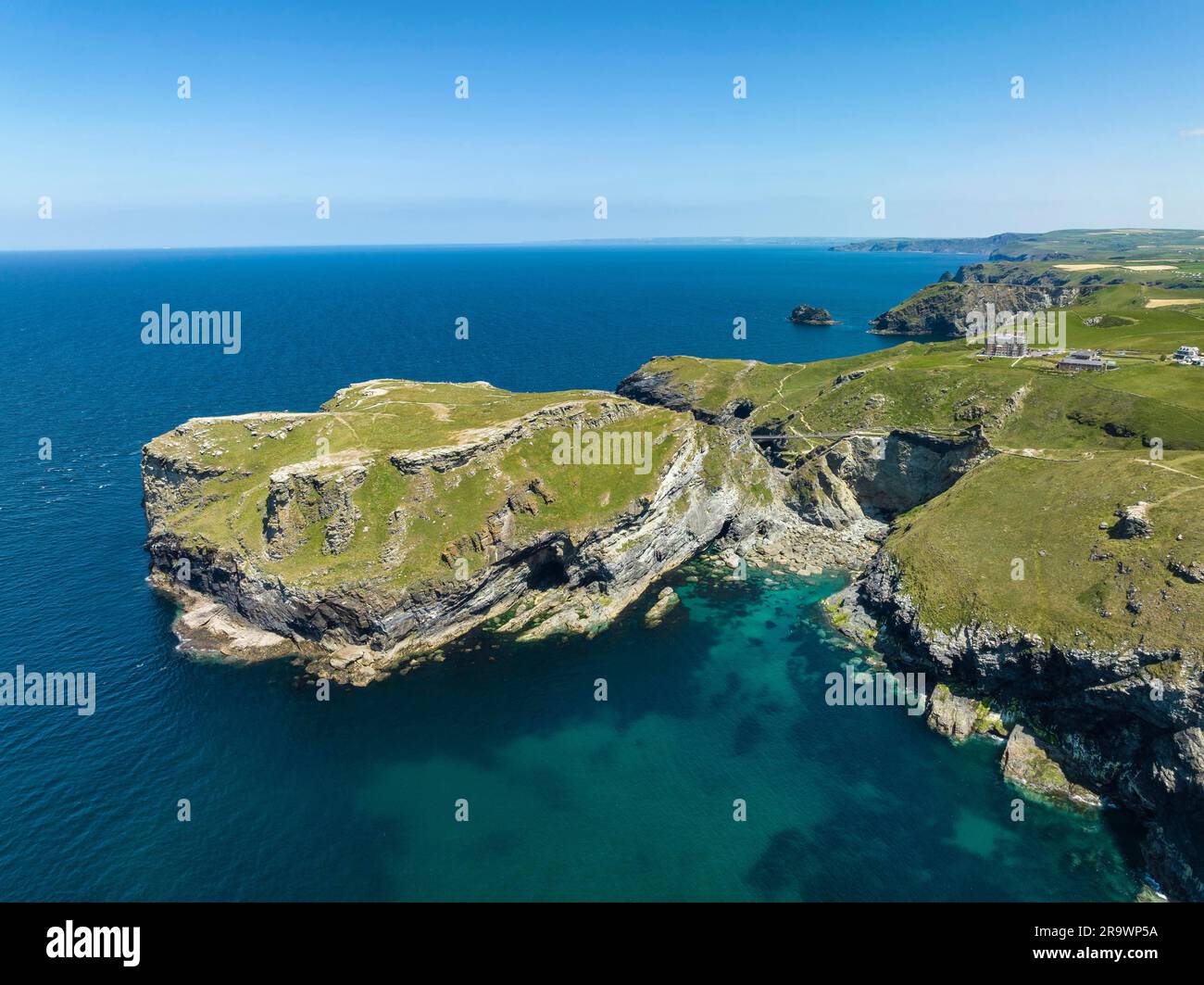 Aerial view of the rugged coastline on the Celtic Sea with the Tintagel ...