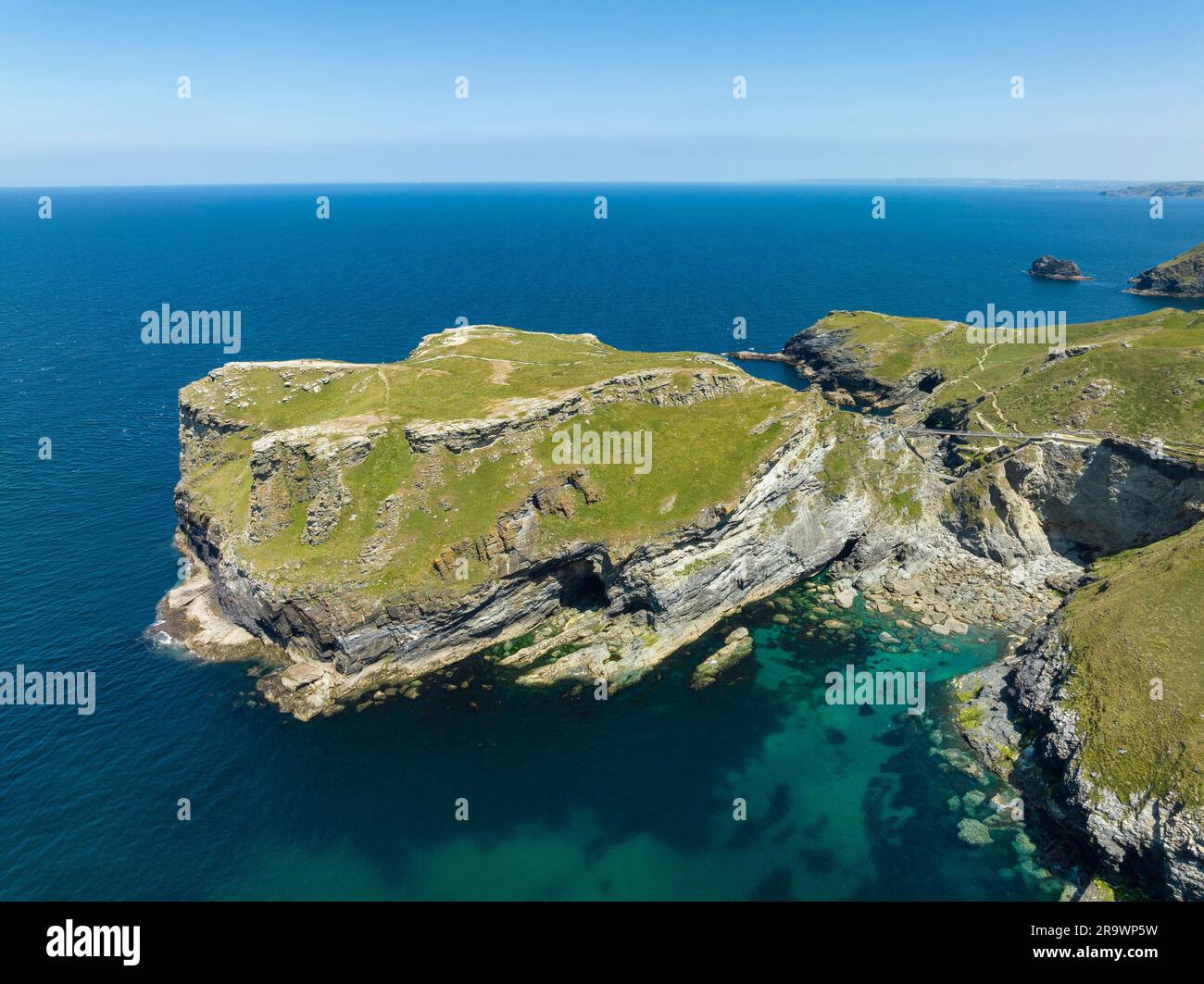 Aerial view of the rugged coastline on the Celtic Sea with the Tintagel ...