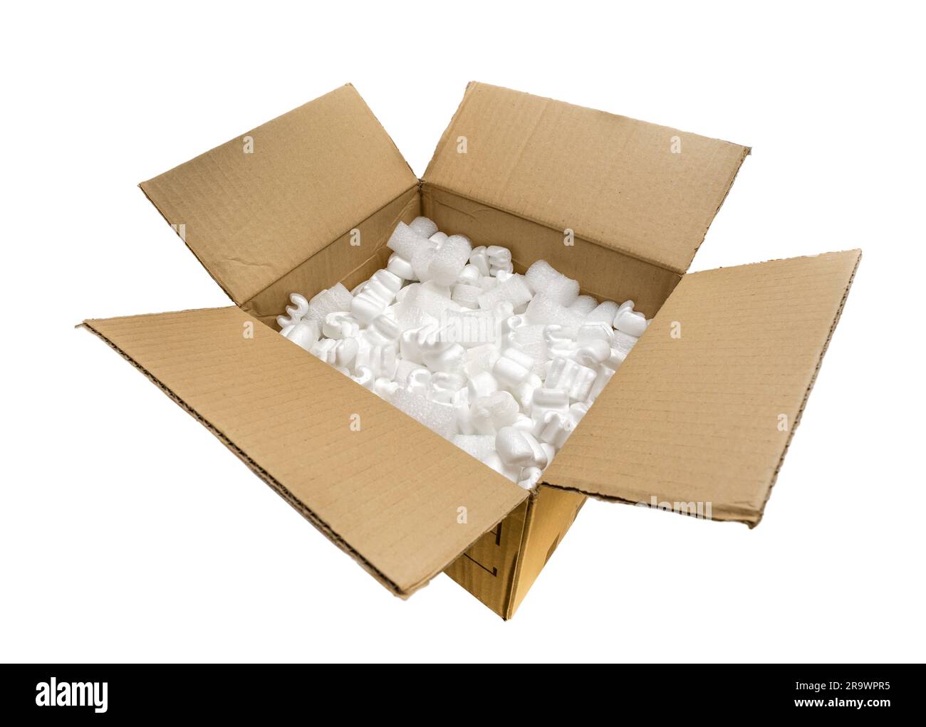 Fill packaging peanuts and bubble pack in a cardboard box, isolated on ...