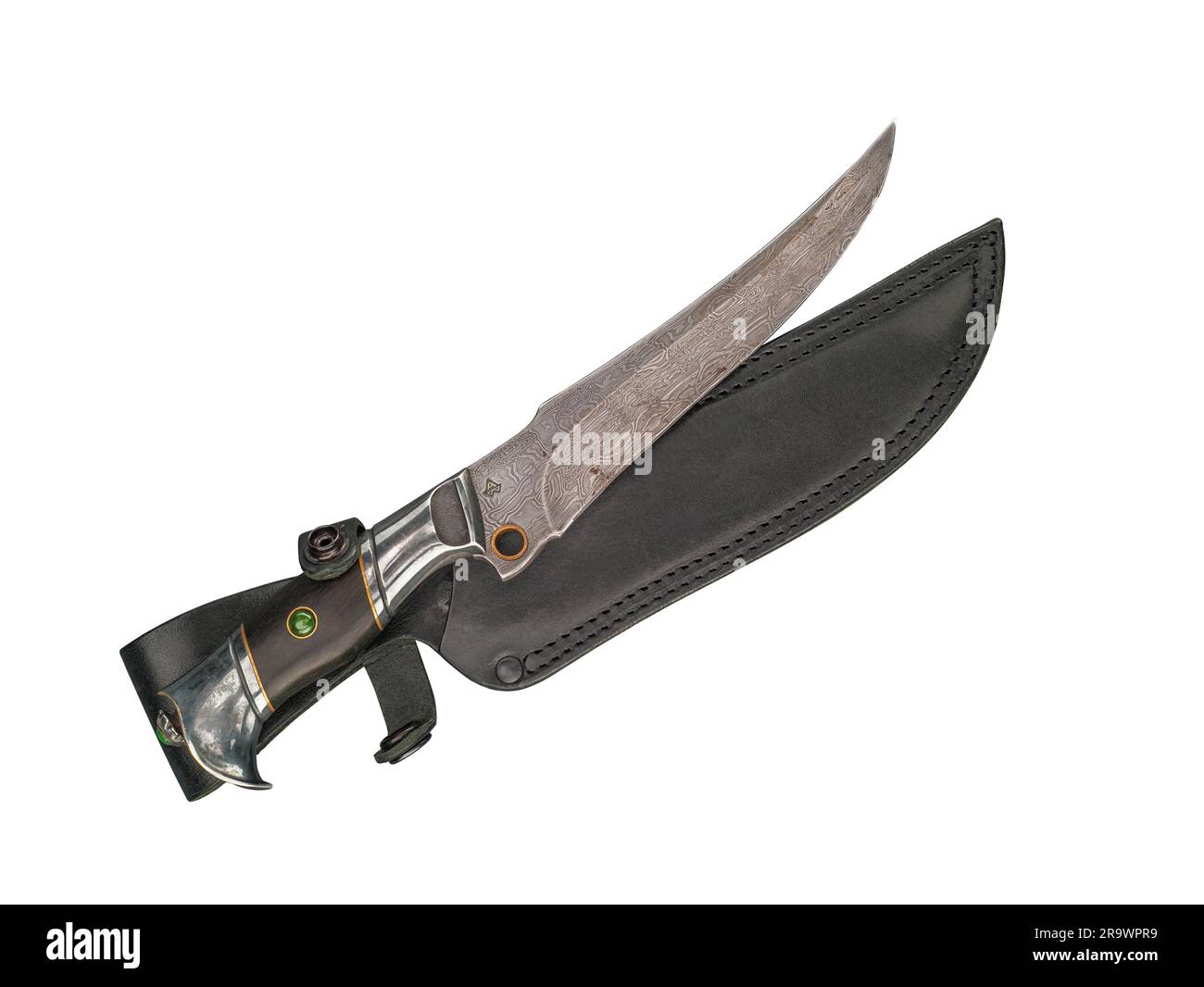 Old iron engraved dagger with his black leather scabbard isolated on ...