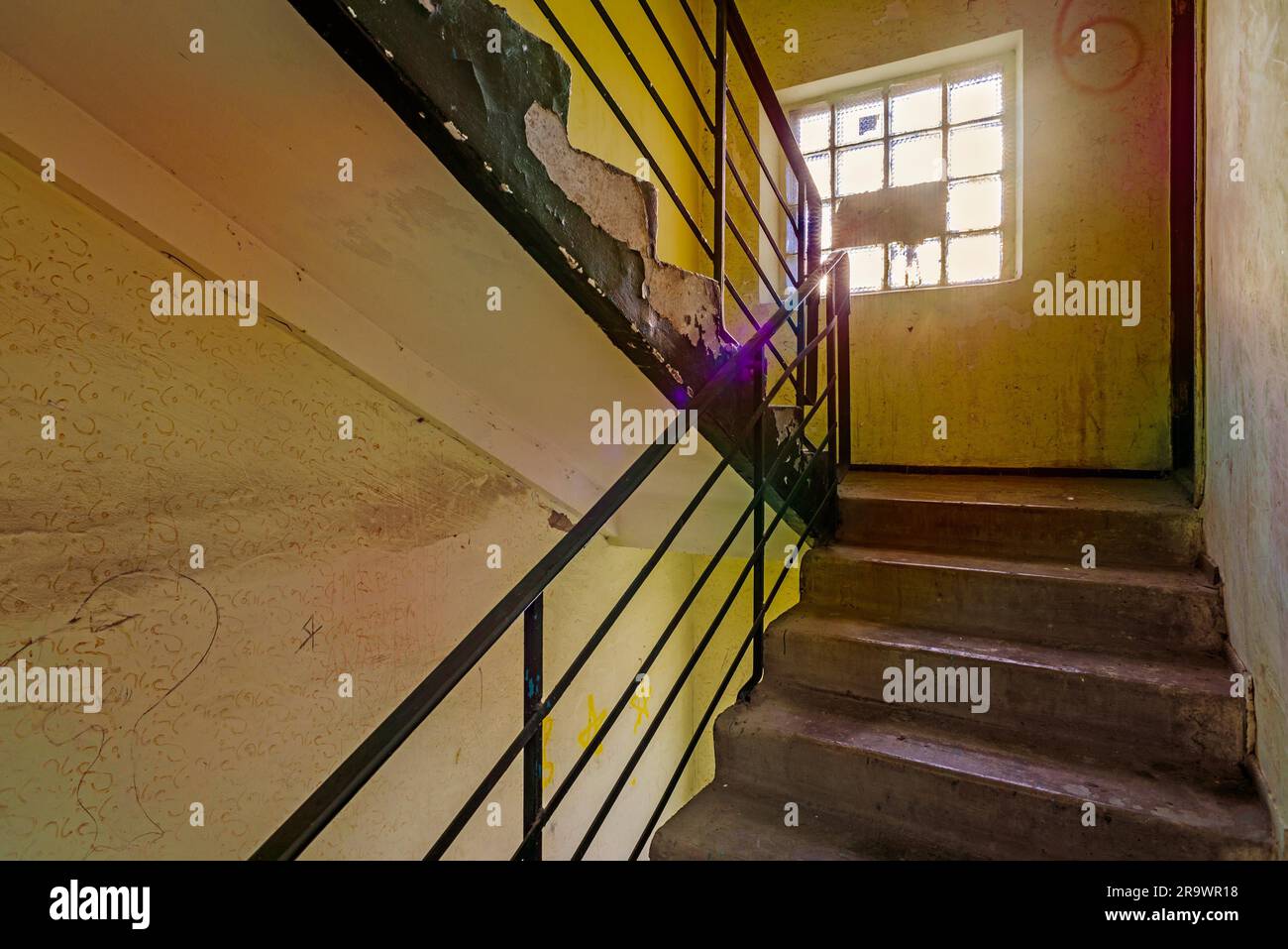 A staircase with a window in an old soviet building in Ukraine Stock ...