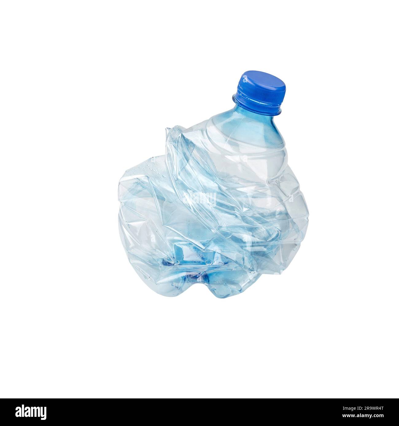 An empty smashed blue plastic bottle, isolated on white background ...