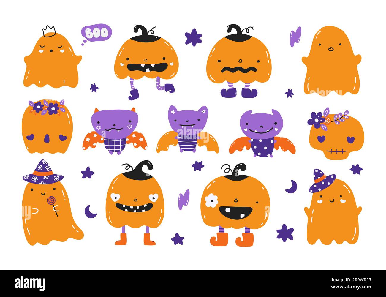Set of cute funny happy ghosts, pumpkins and bats. Baby creepy boo ...