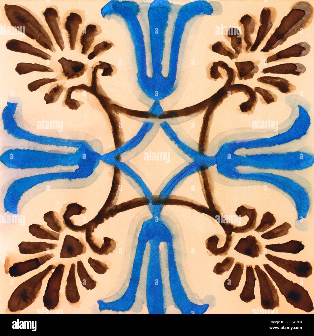 Watercolor illustration of portuguese ceramic tiles pattern. Single ...