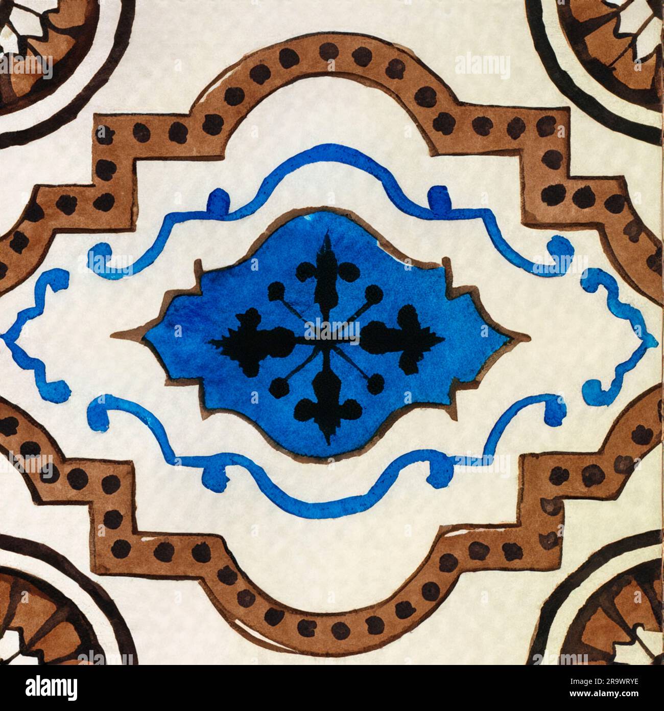 Watercolor illustration of portuguese ceramic tiles pattern. Single ...