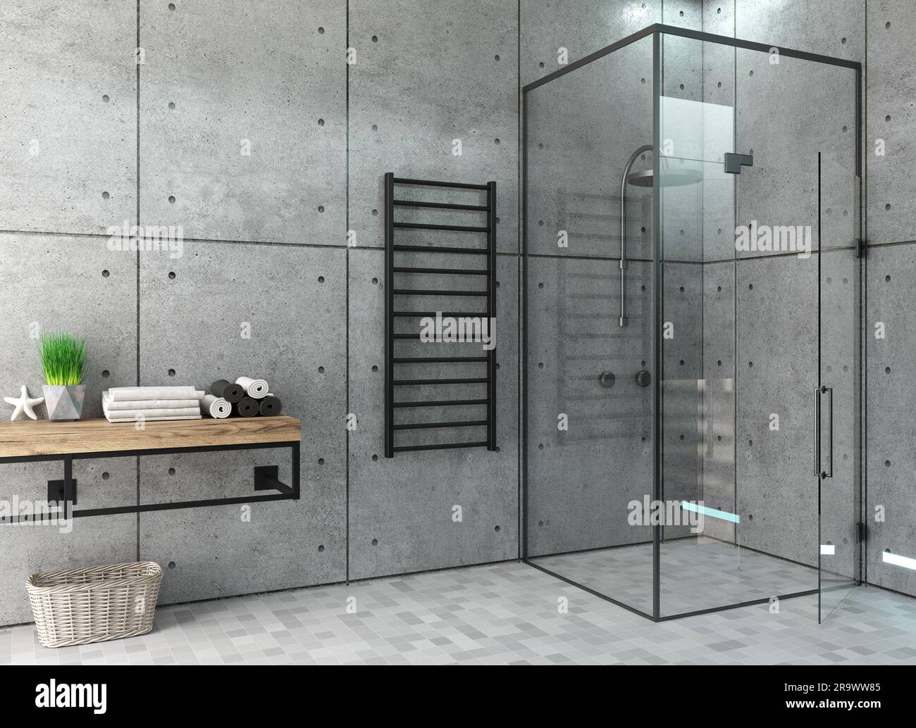3d illustration. Modern glass shower room. Ceramic tile finishing. Home ...