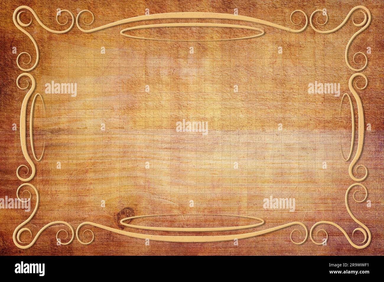 An antique decorative frame with a background with wood texture. Yellow ...
