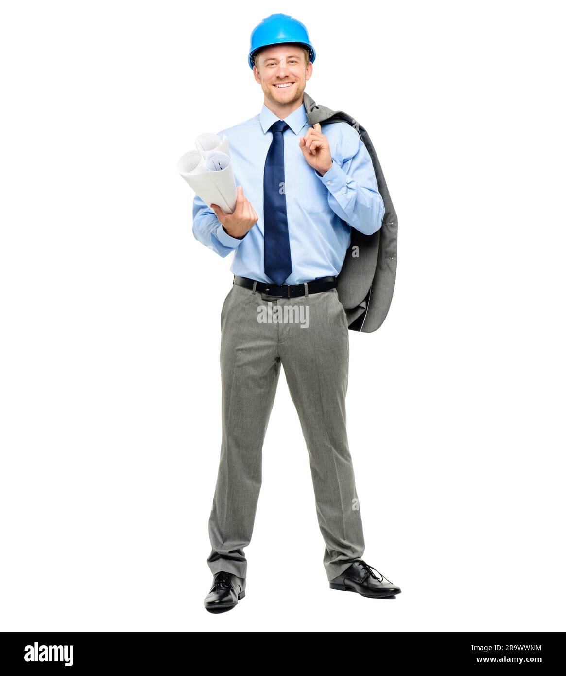 Architecture, blueprint and construction with portrait of man in studio ...