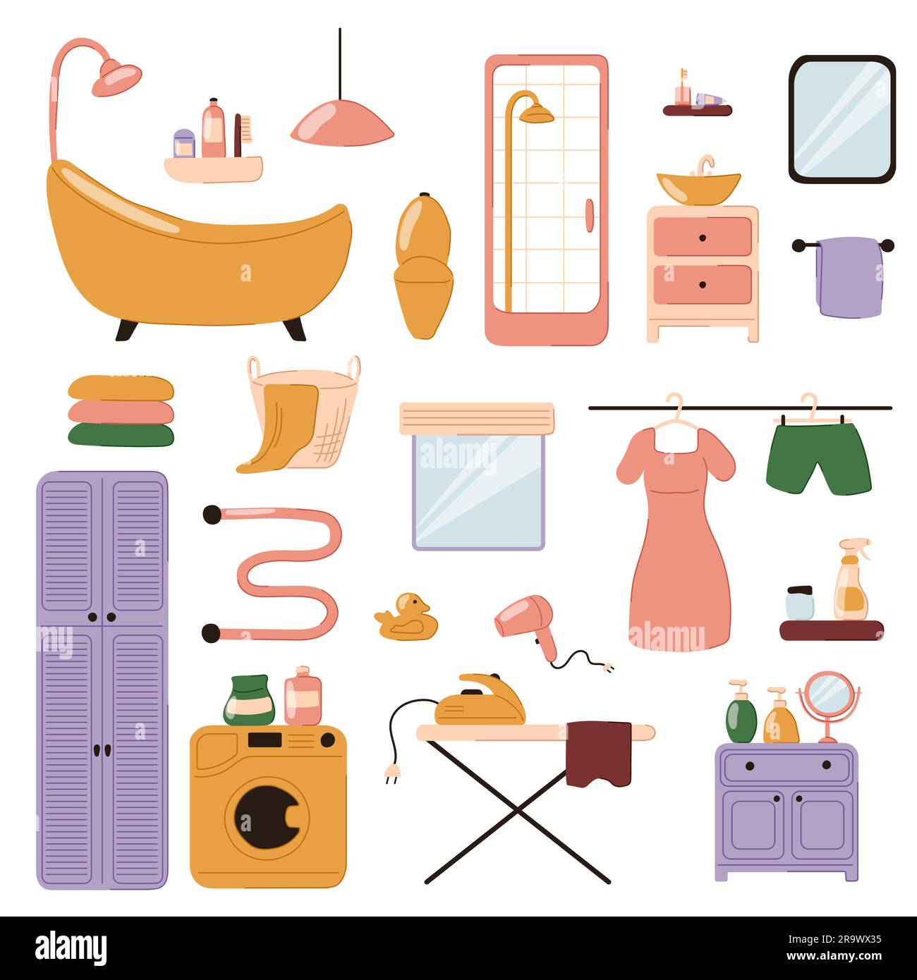 Set of bathroom interior doodle cartoon icons. Bathtub and shower cabin ...