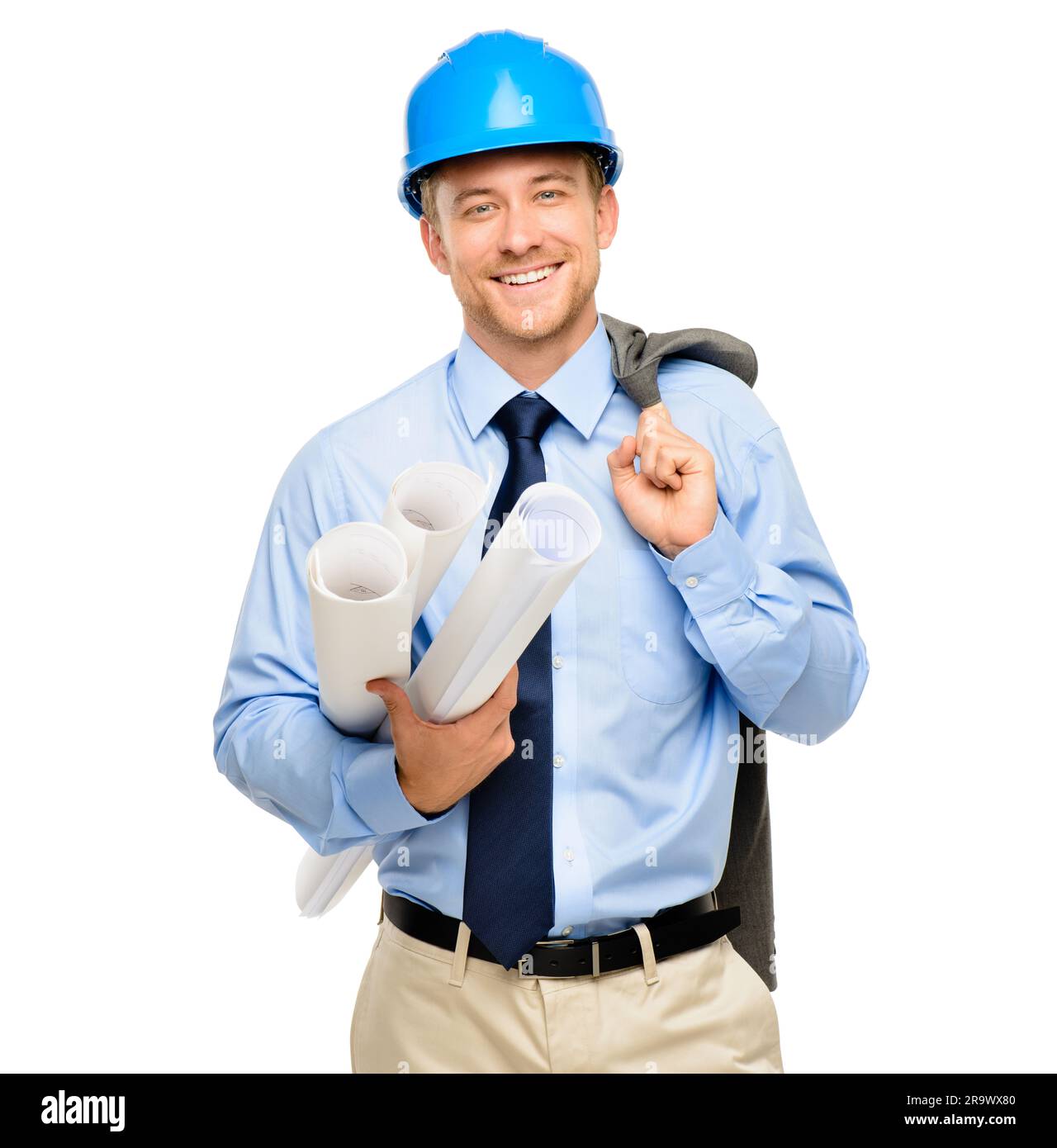 Architecture, blueprint and smile with portrait of man in studio for ...