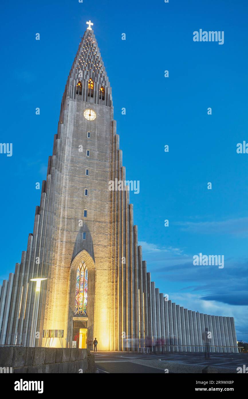 A dusk view of the tower of the Hallgrimskirkja Church, the most ...