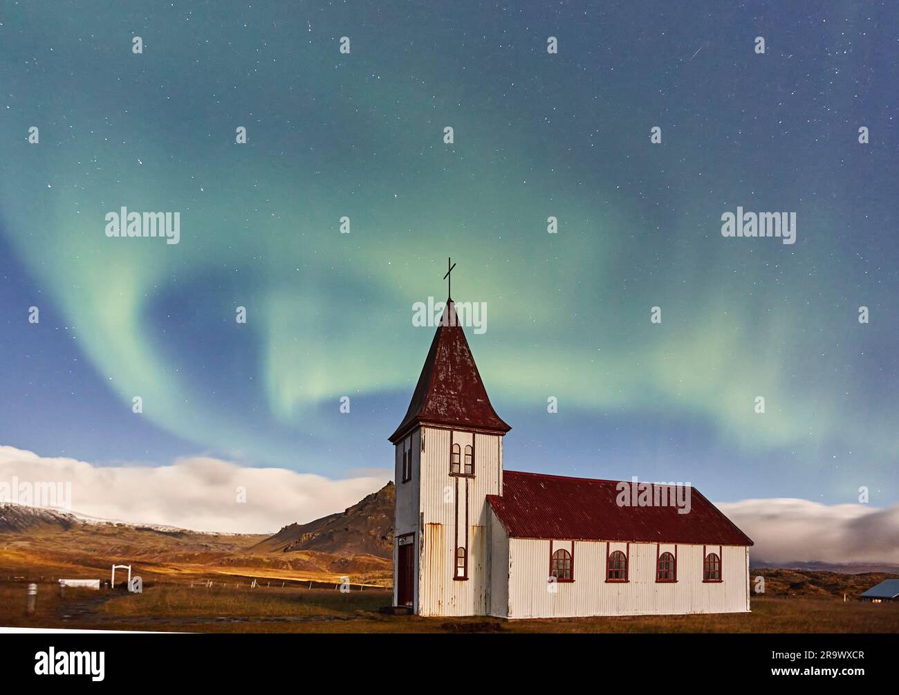Northern Lights, Aurora borealis, over the church at Hellnar, on the ...
