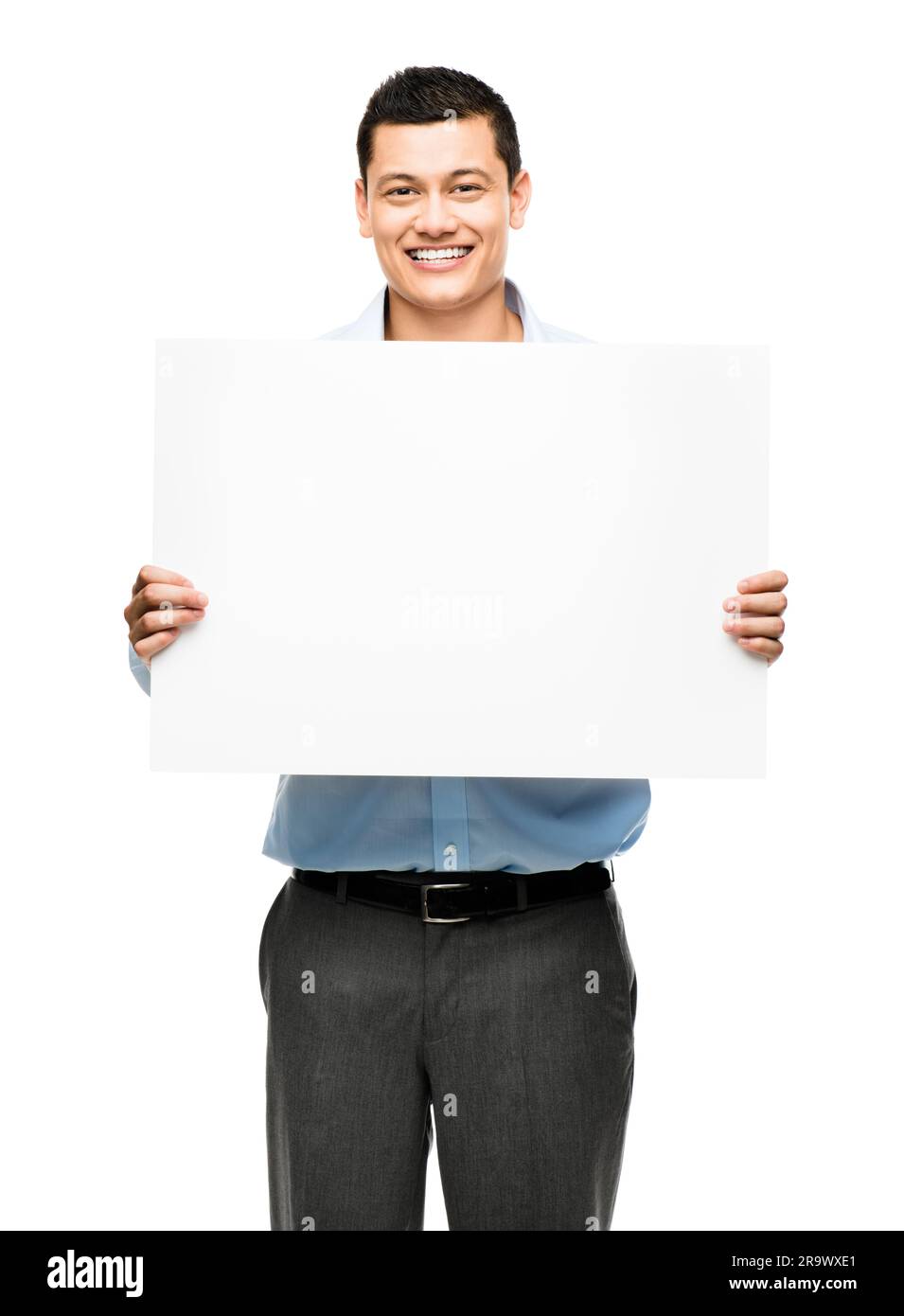 Portrait, smile and business man with poster in studio isolated on a ...