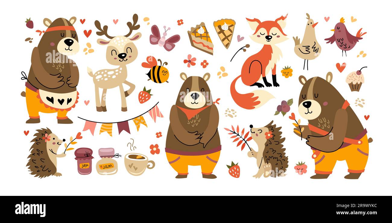Autumn cute animal set. Colorful autumn characters - bear, fox, deer ...