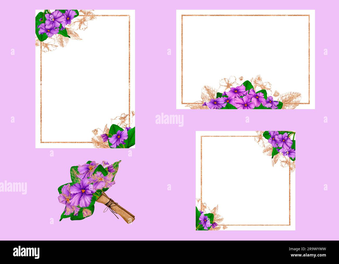African violets floral frame set. Hand drawn watercolor and gold ...