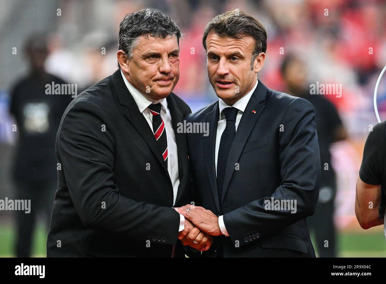 Didier LACROIX of Toulouse and French President Emmanuel MACRON during ...
