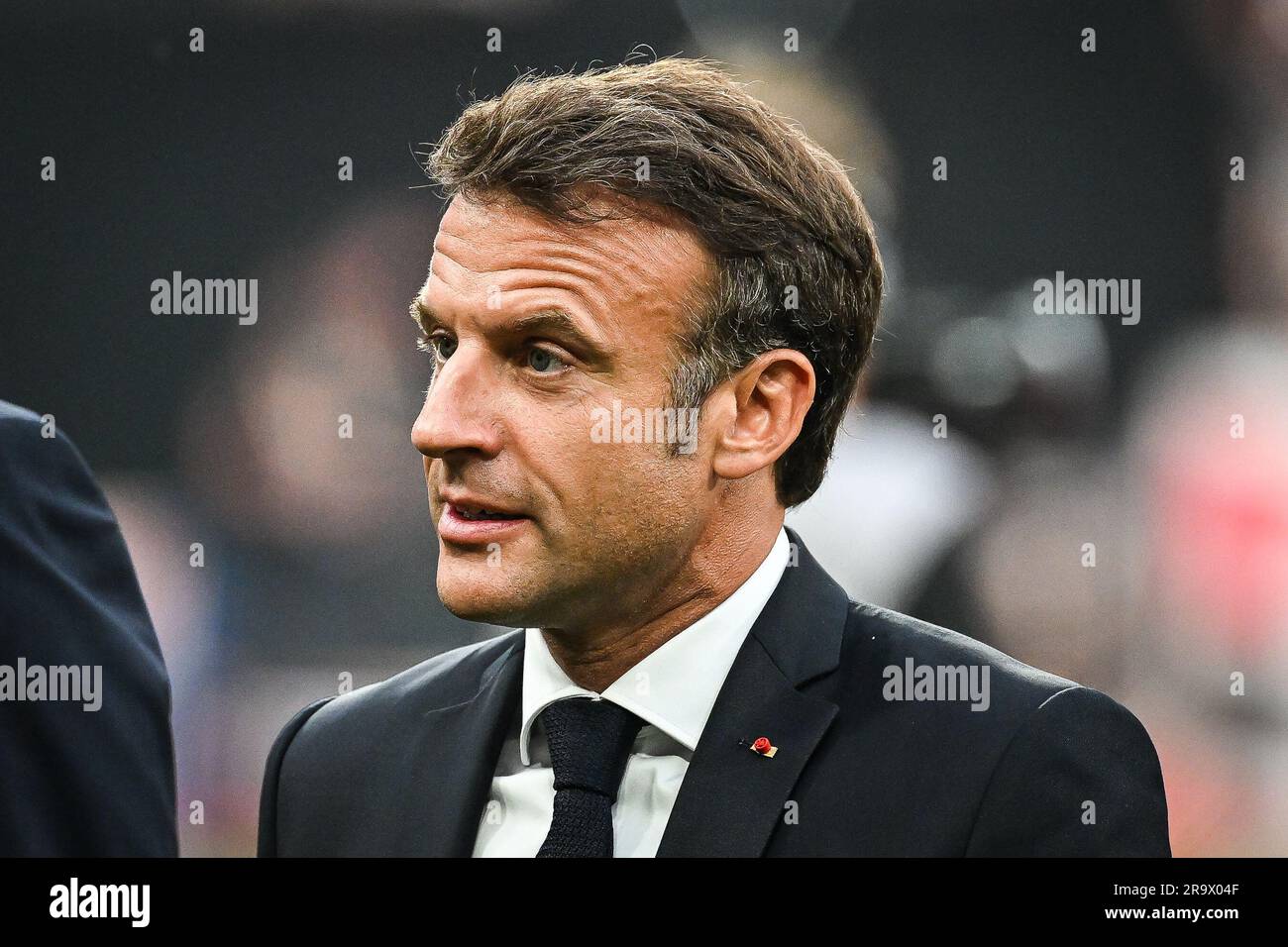 French President Emmanuel MACRON during the French championship Top 14 ...