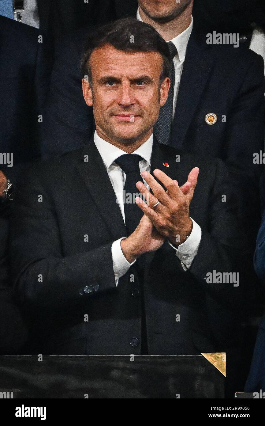 French President Emmanuel MACRON during the French championship Top 14 ...