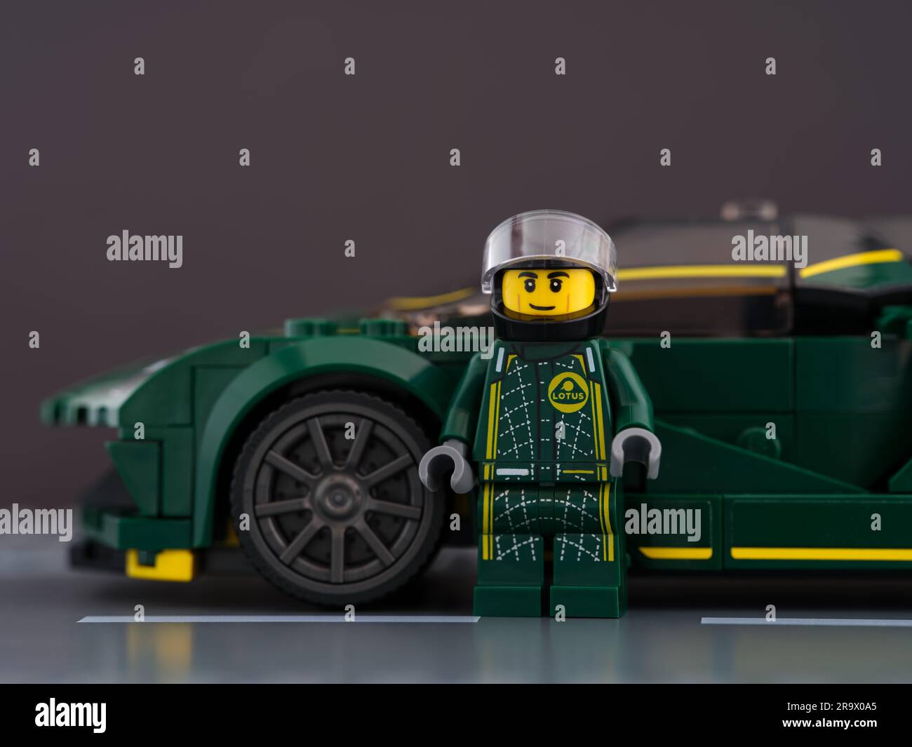 Tambov, Russian Federation - June 21, 2022 A Lego Lotus Evija driver ...