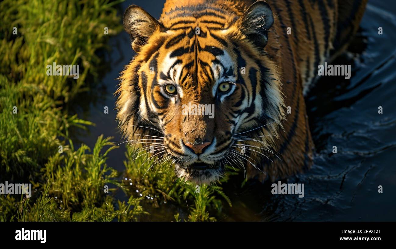 Top view of close up view of a Malaysian tiger. Wildlife concept and ...