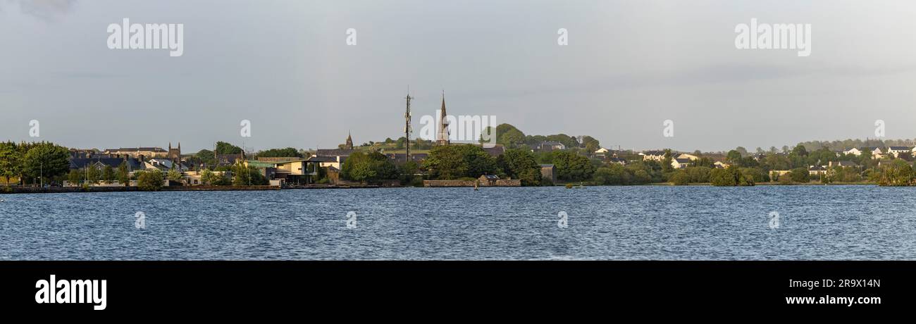 Panorama with village church, Lake Lough Rea, Loughrea, Galway, Ireland ...