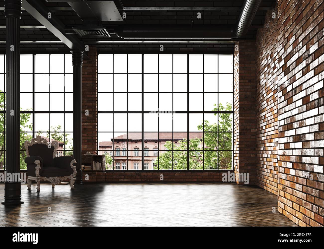 3d Render of a modern empty space with a great window Stock Photo - Alamy