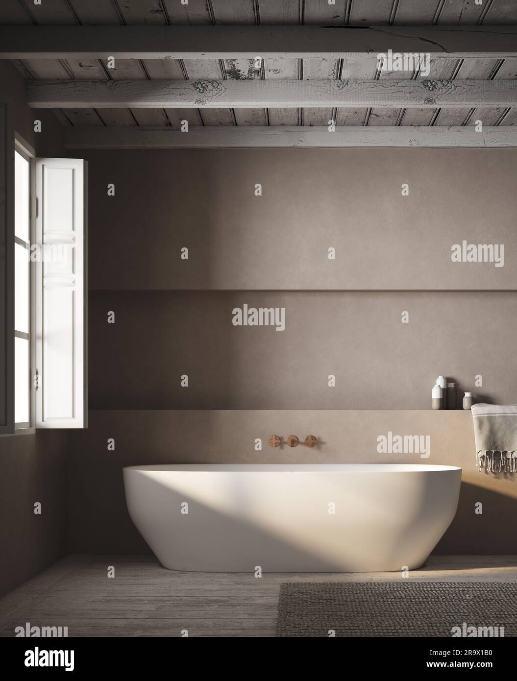 3d Render of modern bathroom with plaster wall and white bathtub Stock ...
