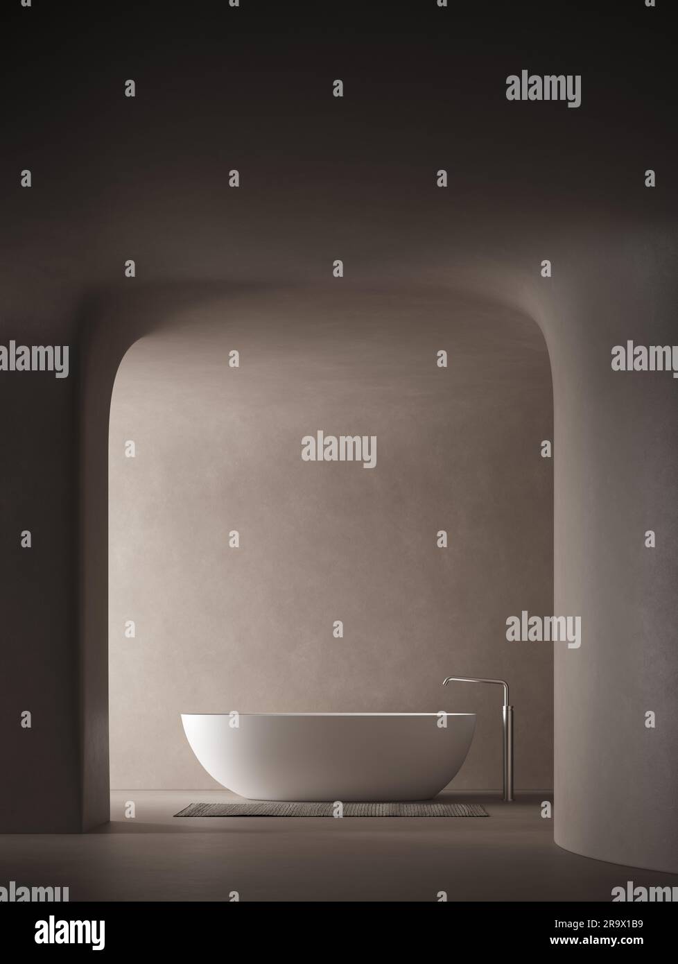 3d Render of modern bathroom with curved plaster walls and white ...