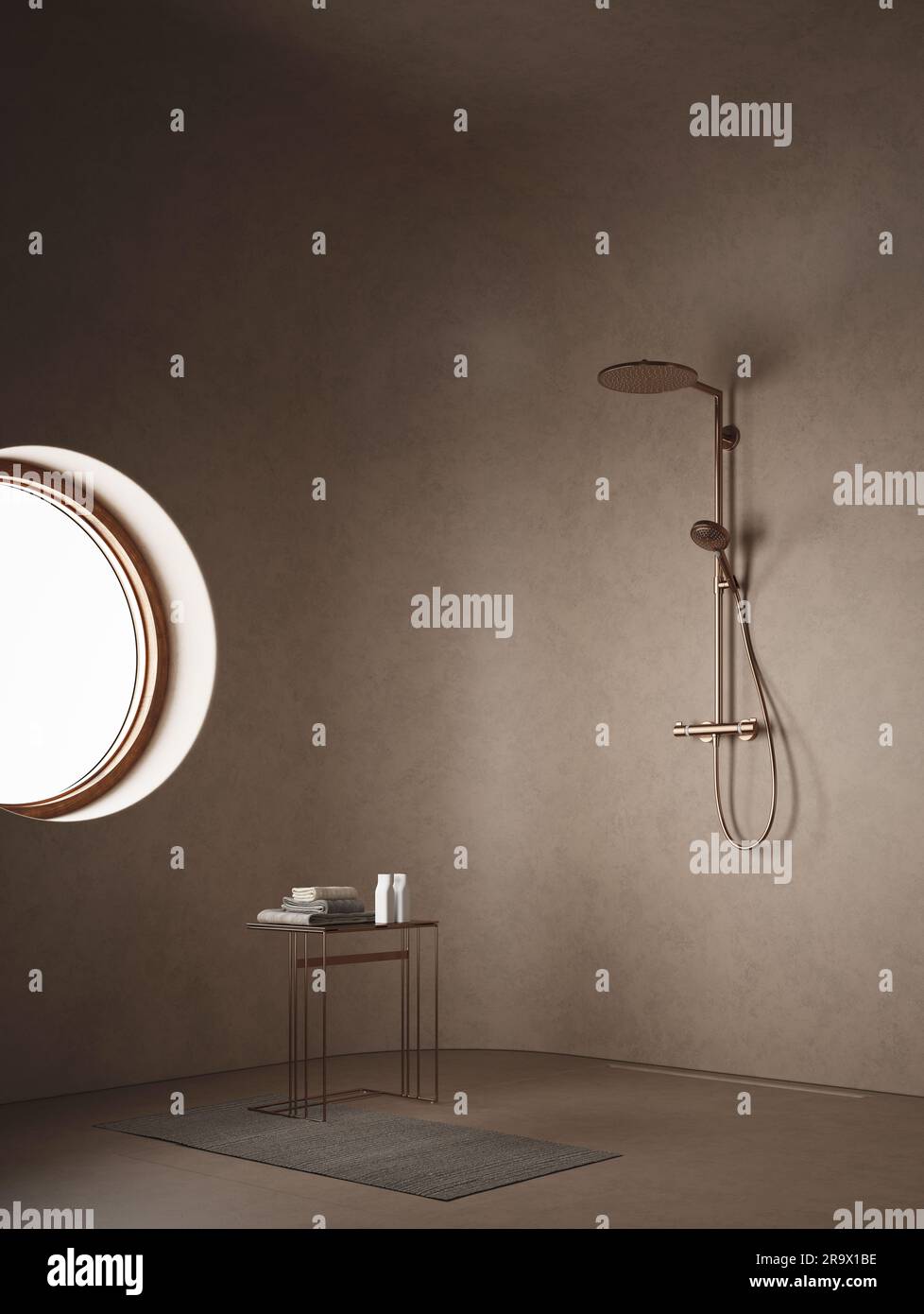 3d Render of modern bathroom with curved plaster walls and shower Stock ...