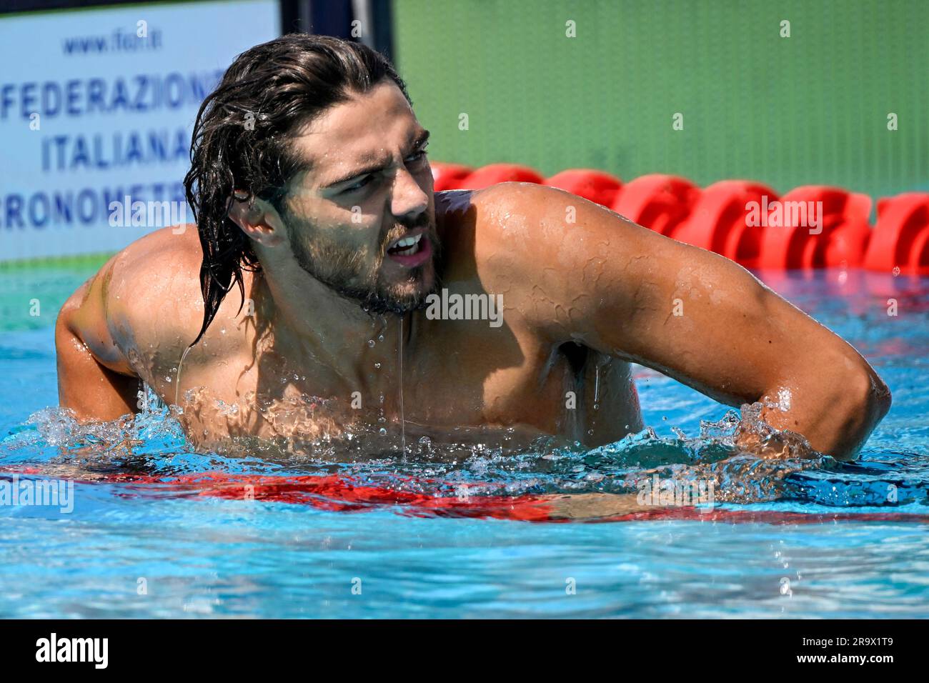 Thomas Ceccon of Italy reacts after compete in the 100m Backstroke Men Heats during the 59th ...