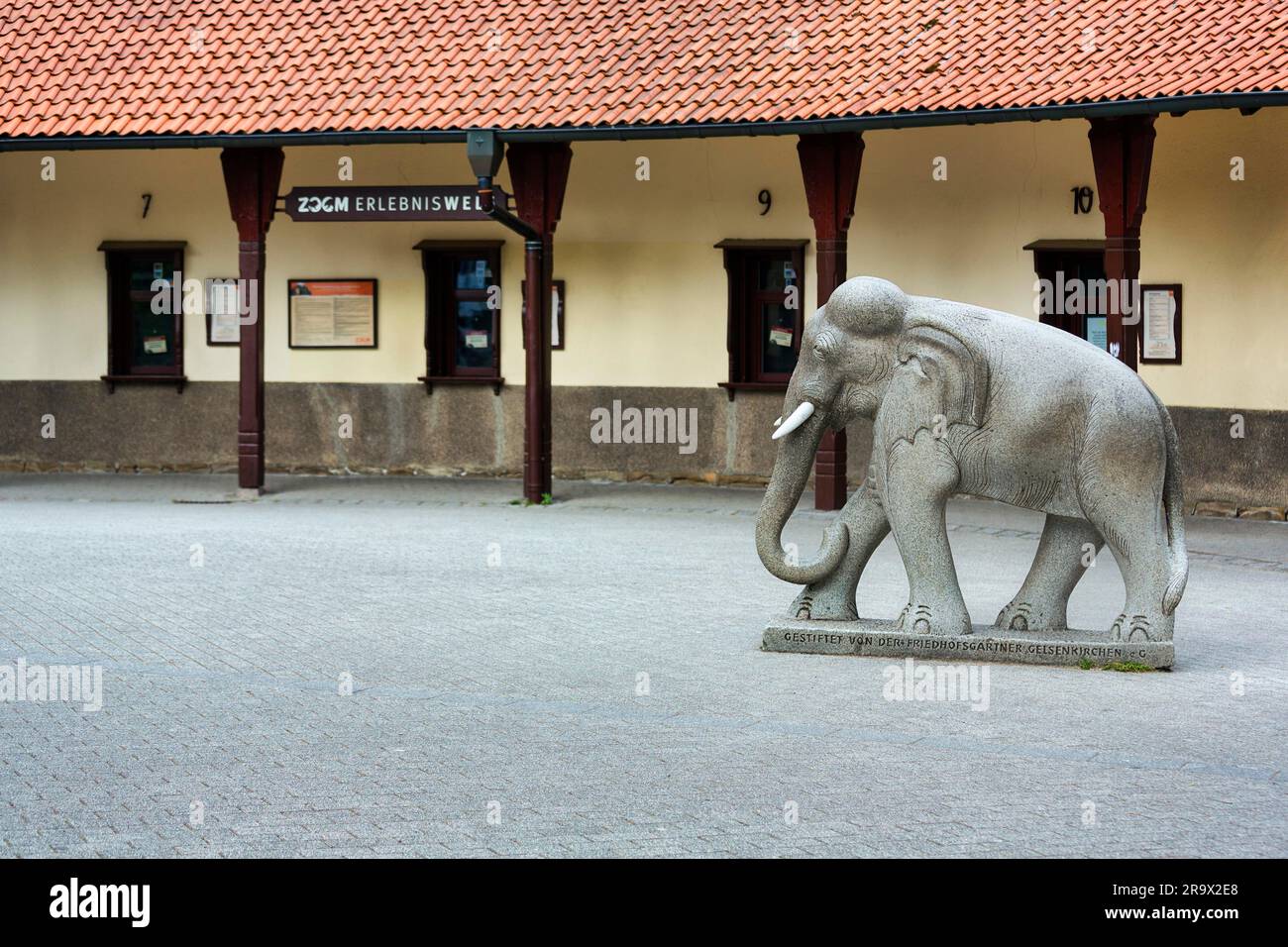 Sculpture elephant in front of the old ticket booths at the entrance ...
