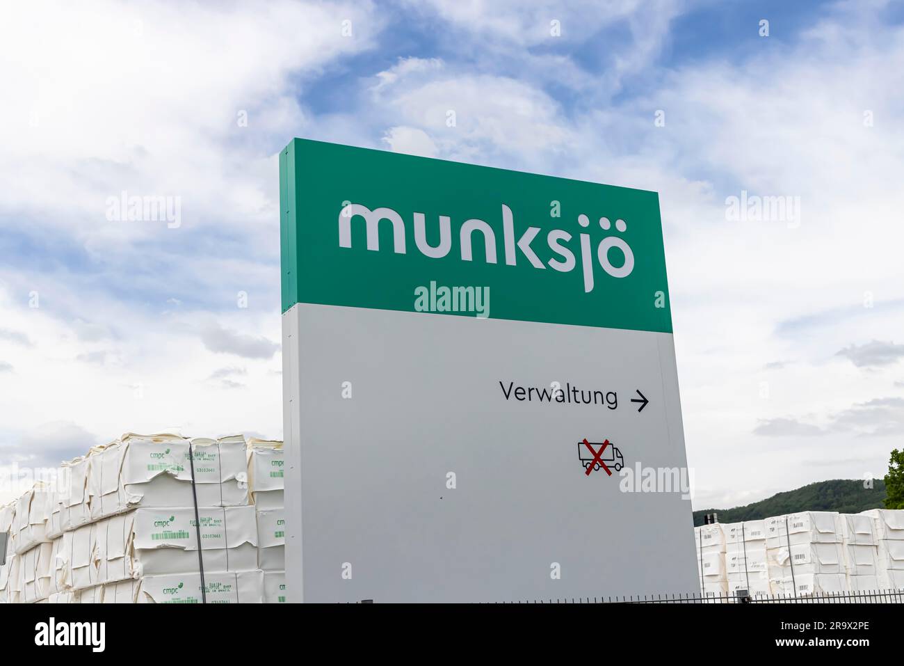 Munksjoe paper mills, company logo on pulp warehouse, Dettingen an der ...