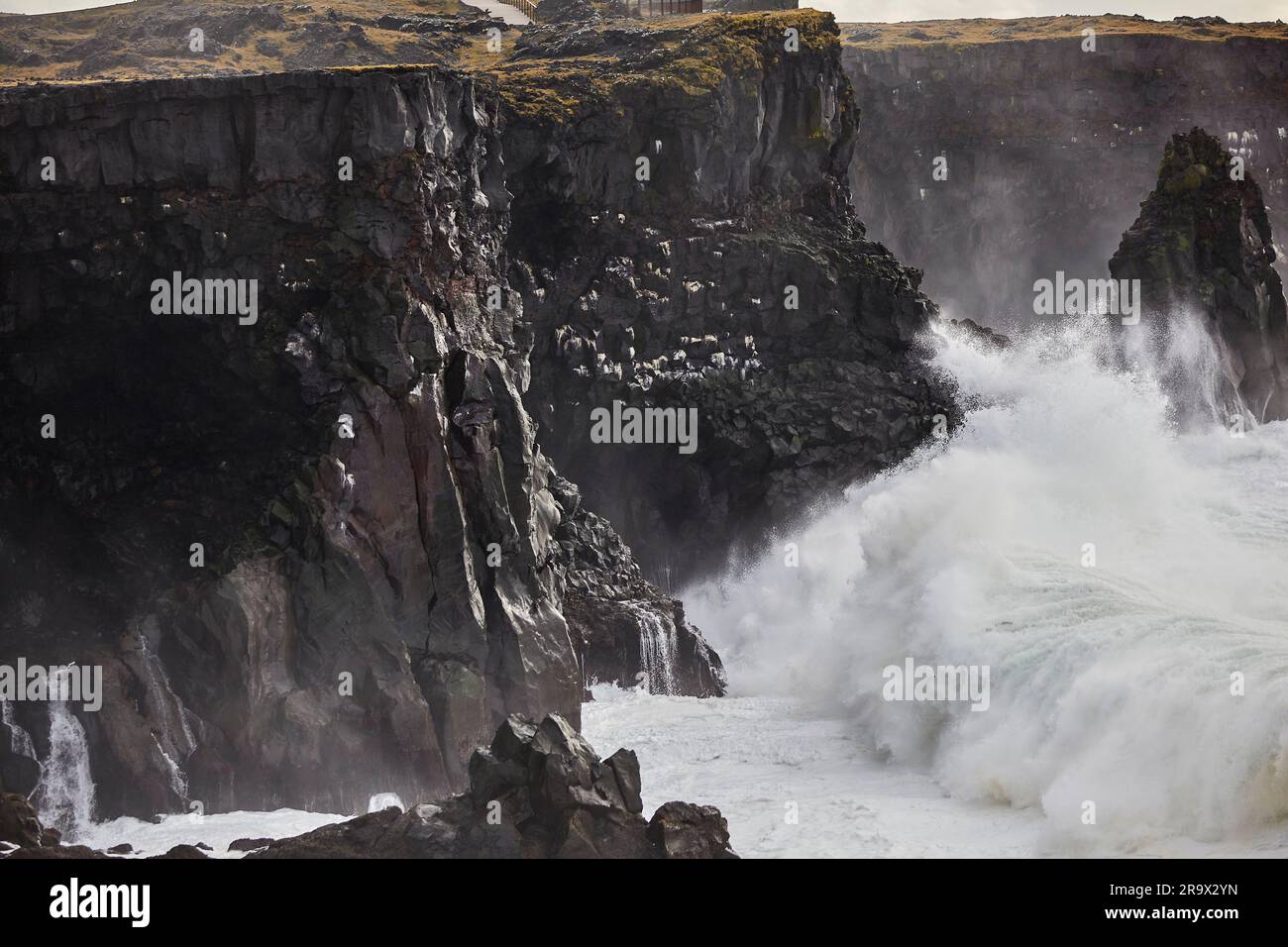 Powerful Atlantic surf pounds black lava volcanic cliffs at Skalasnagi ...