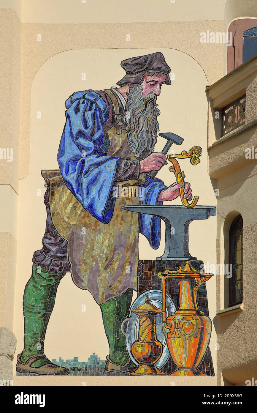 Wall mosaic Goldsmith by Wilhelm Mewes, Art Nouveau building, anvil ...