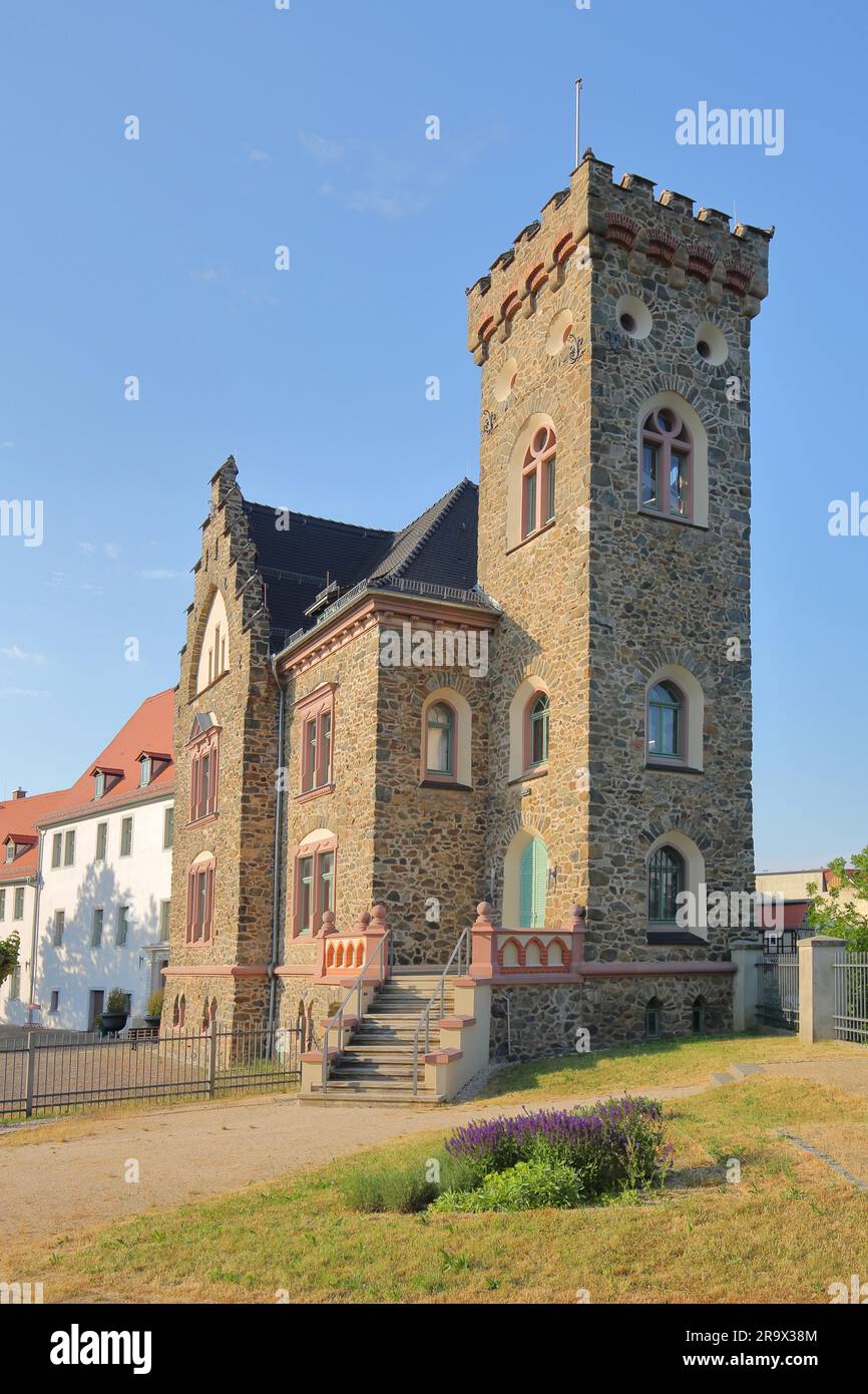 Romanesque castle built c. 12th century and tower with battlements ...