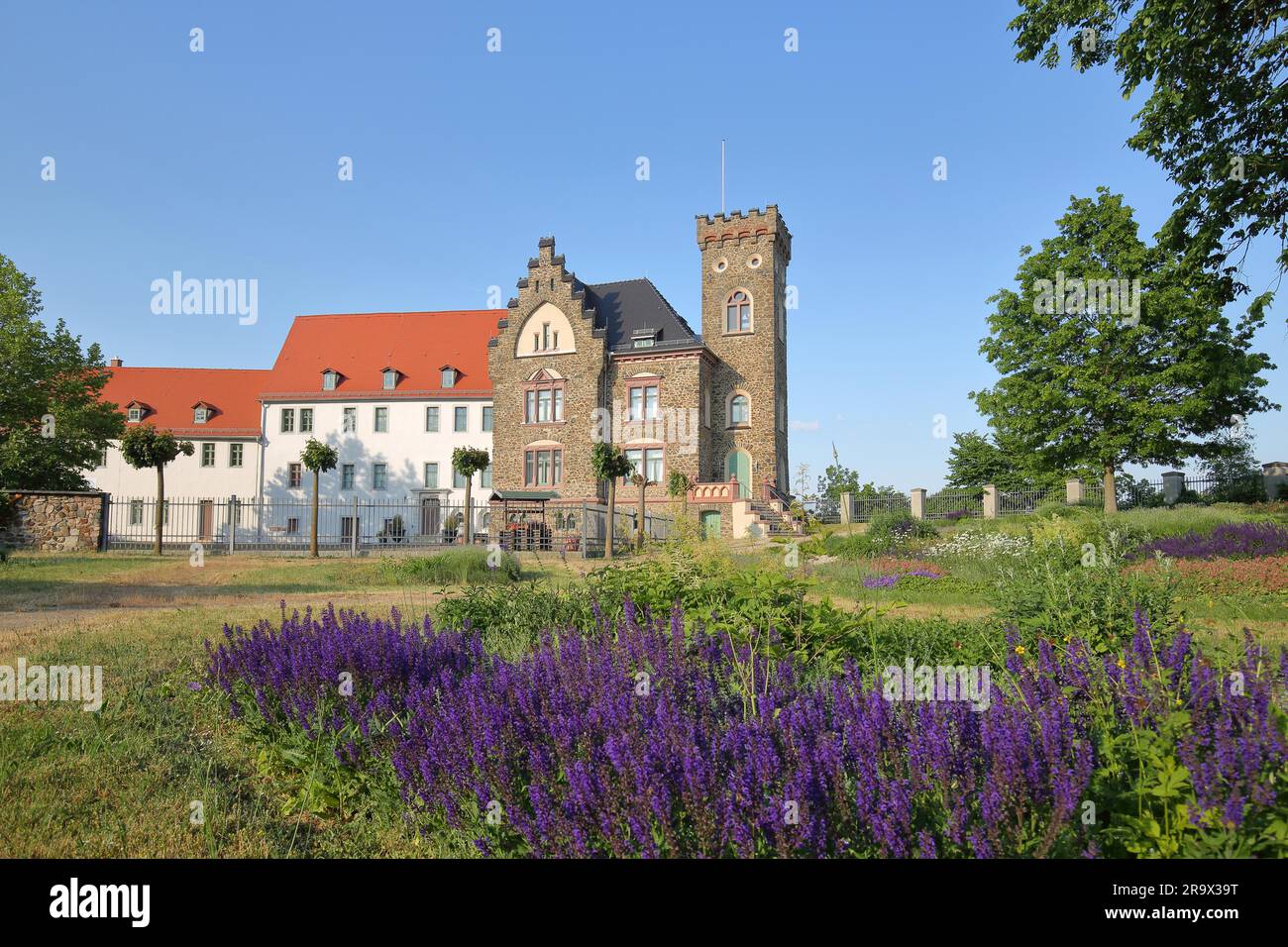 Romanesque castle built approx. 12th century with tower and flowerbed ...