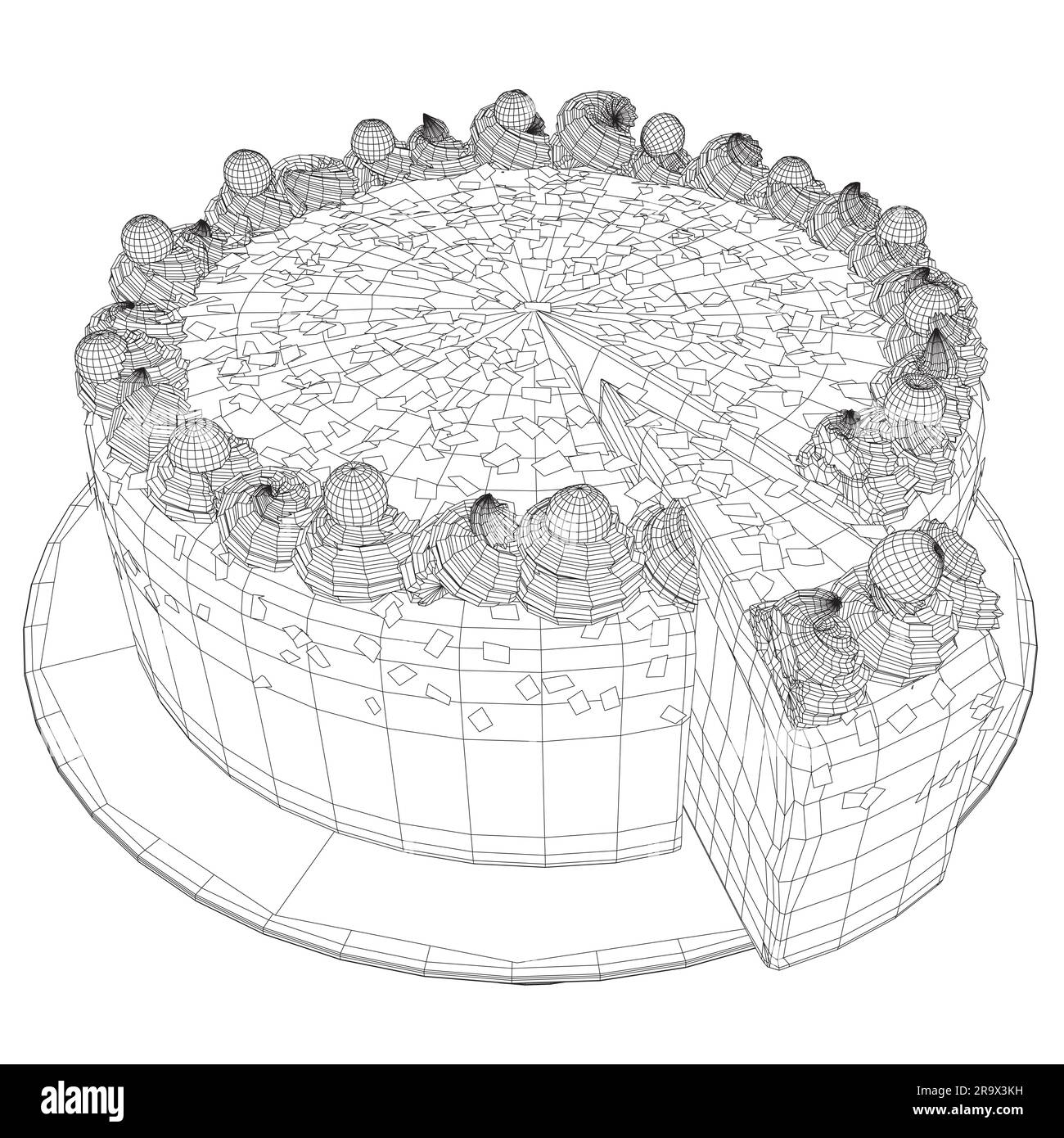 Wireframe cake. Birthday cake in contour line art drawing style ...